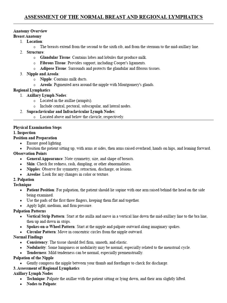 Breast and Lymphatic Assessment Guide | PDF | Breast | Nipple