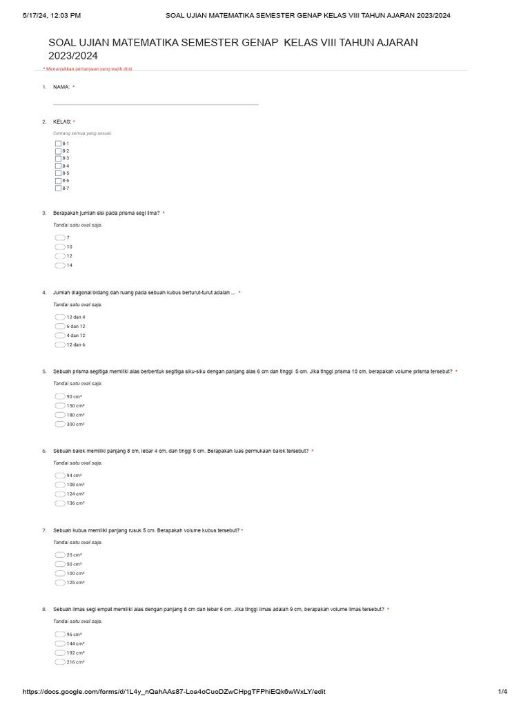 Soal Ujian Semester Genap Matematika Kelas Viii Tahun Ajaran 2023 - 2024 | PDF
