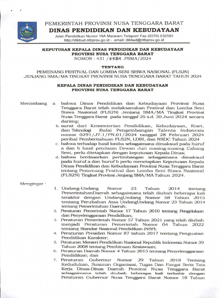 SK Fls2n Sma Tingkat Provinsi NTB Tahun 2024 | PDF