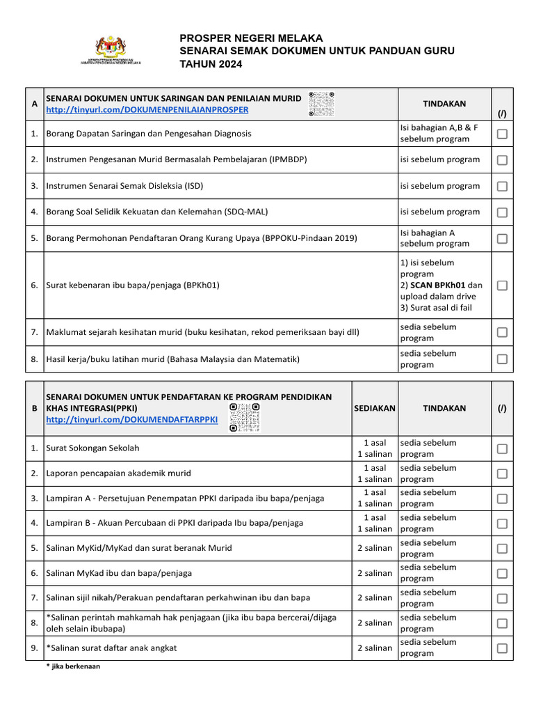 Senarai Semak Dokumen Prosper Melaka | PDF