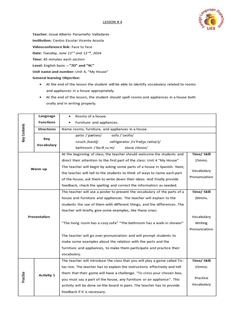 Lesson Plan 4 - 45 Min Class - 7D and 9C | PDF | Cognitive Science ...