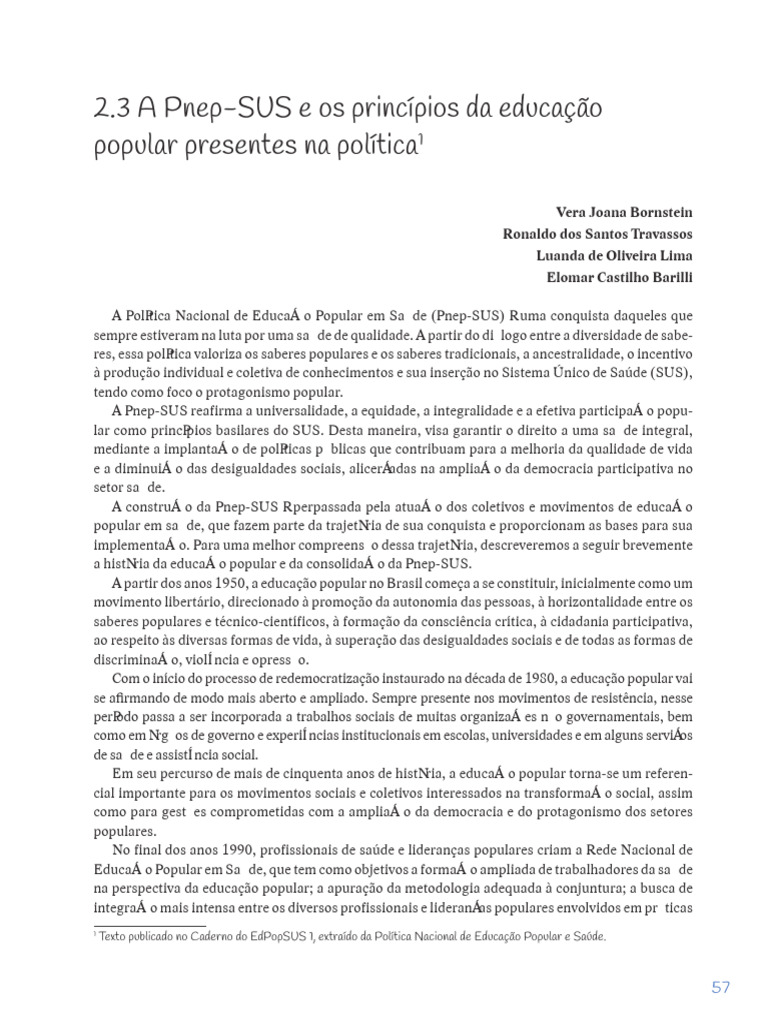 Curso de Aperfeiçoamento em Educação Popular em Saúde - A Pnep-SUS e Os ...