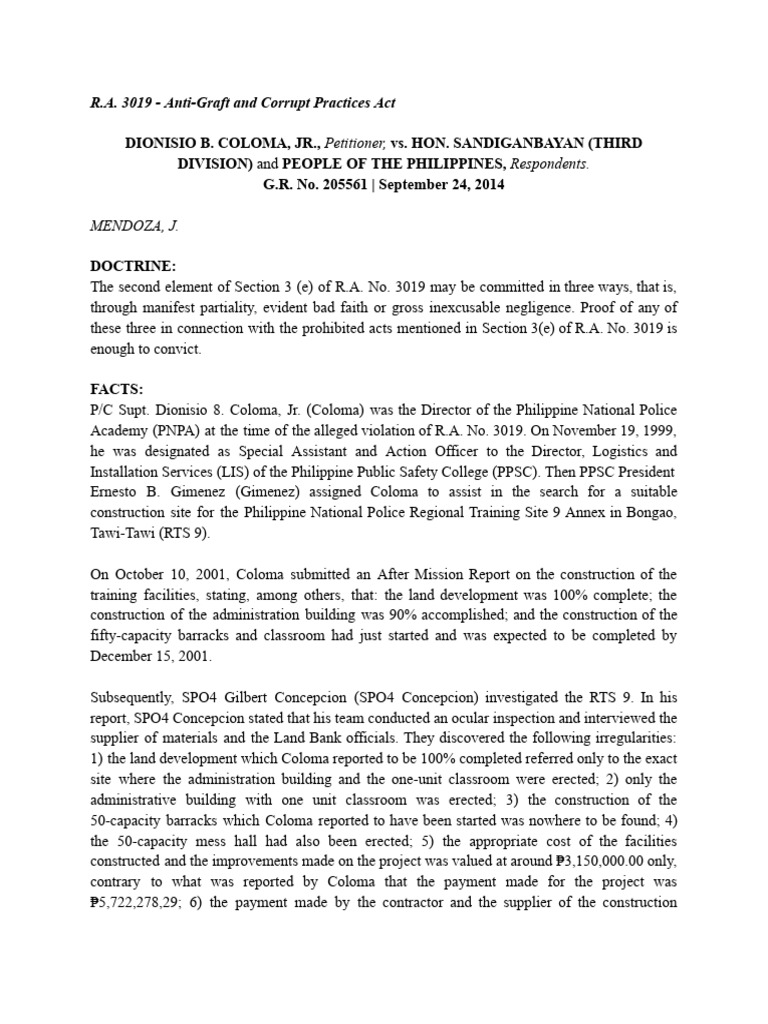 Coloma vs. Sandiganbayan Case Digest | PDF | Common Law | Public Law