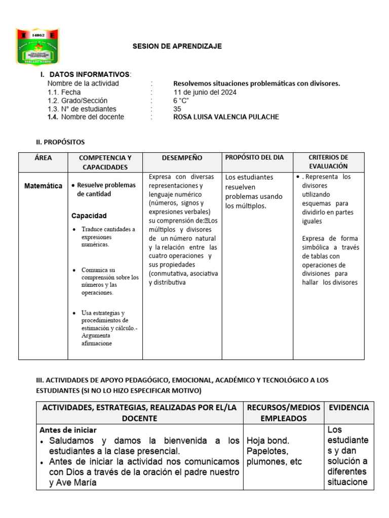 Sessión 2 de Aprendizaje Resolvemos Problemas Con Divisores Ely Ely | PDF | Matemática Elemental ...