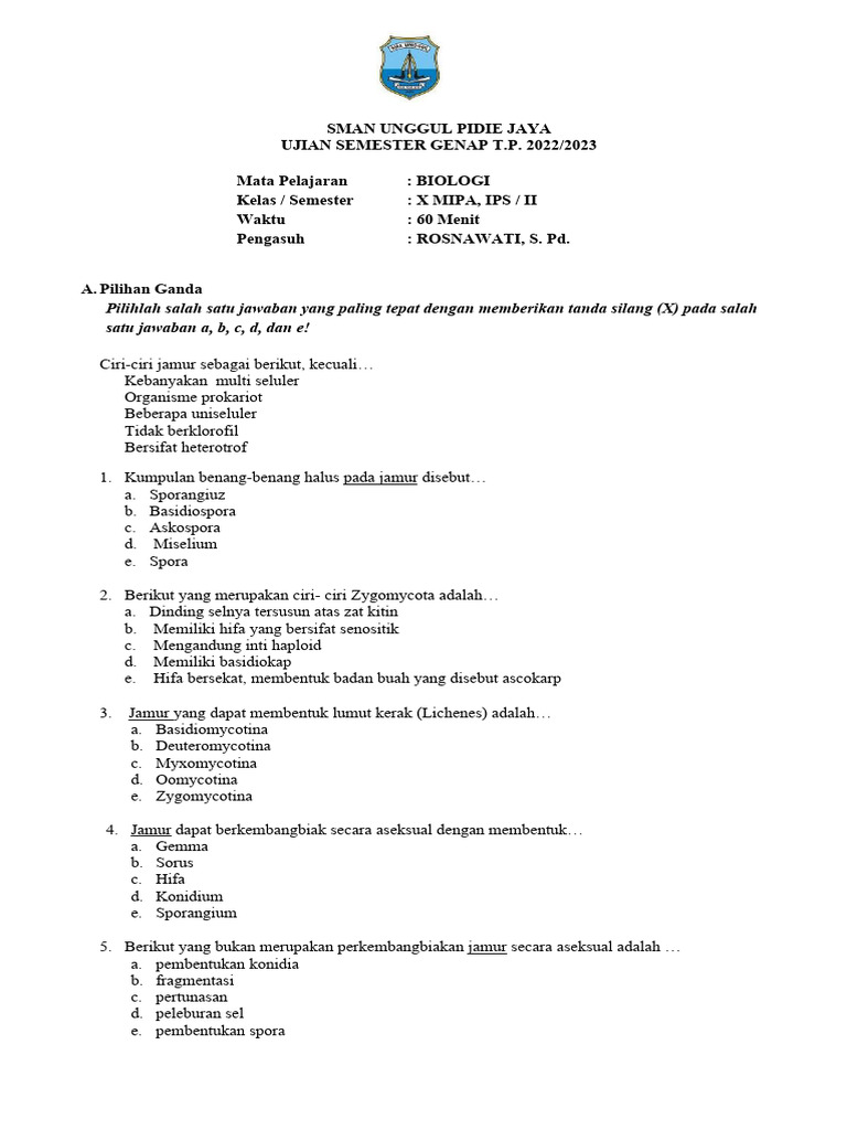SOAL BIOLOGI KELAS X SEMESTER 2 (GENAP) - BeeS Mart Buk Ros | PDF