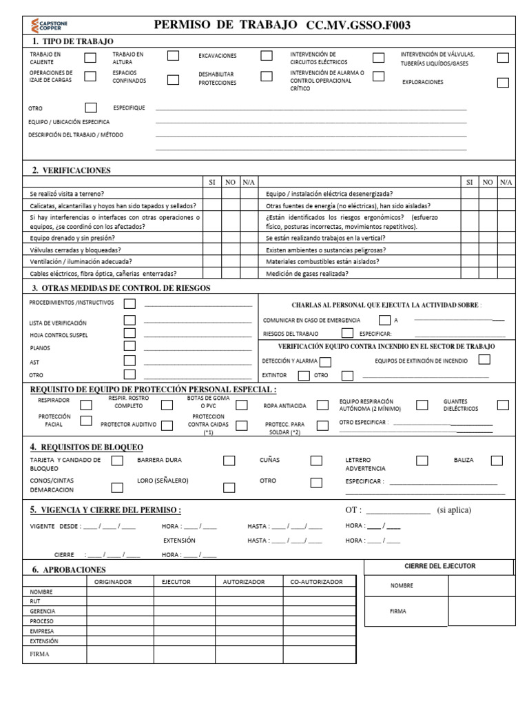 CC - MV.GSSO.F003 Formato Permiso de Trabajo Capstone Copper Nuevo ...