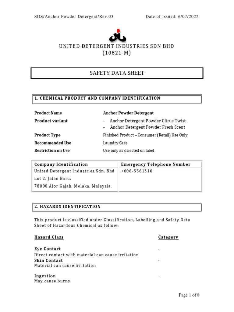 SDS Anchor Powder Detergent_Rev.03 - BI | Download Free PDF | Dangerous ...