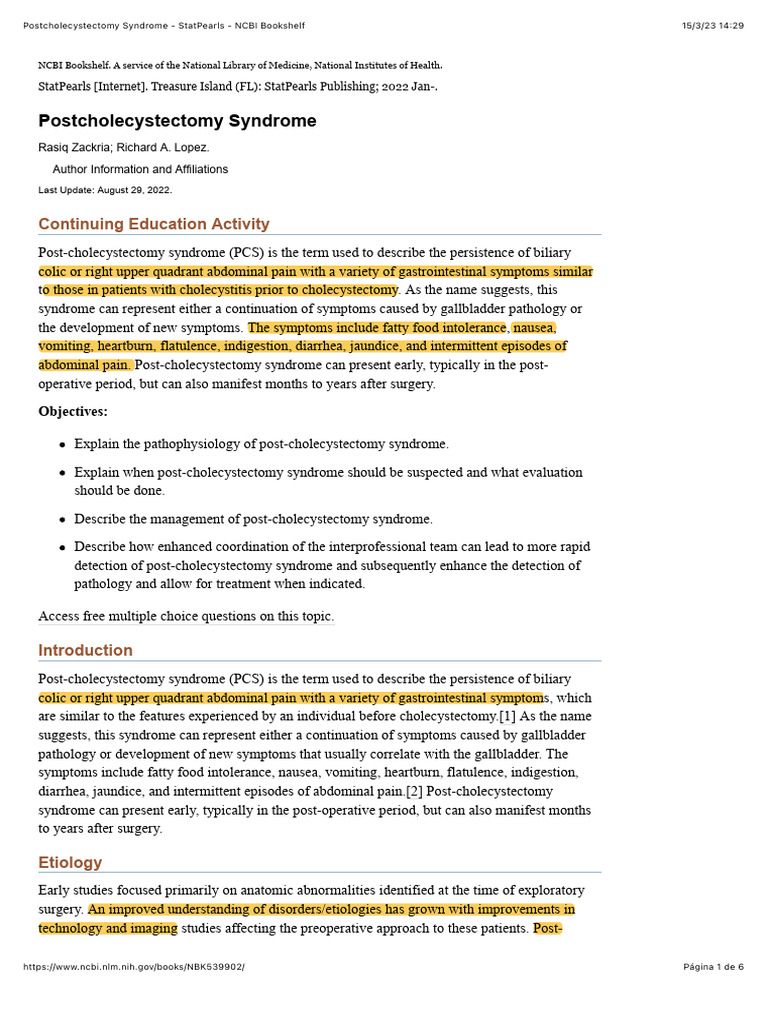 Postcholecystectomy Syndrome - StatPearls - NCBI Bookshelf | PDF ...