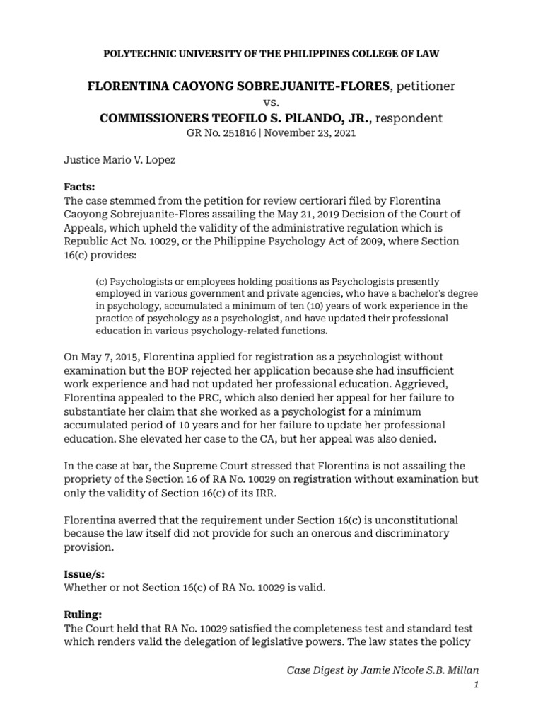Sobrejuanite-Flores vs. Pilando, Jr. Case Digest | PDF | Psychologist ...