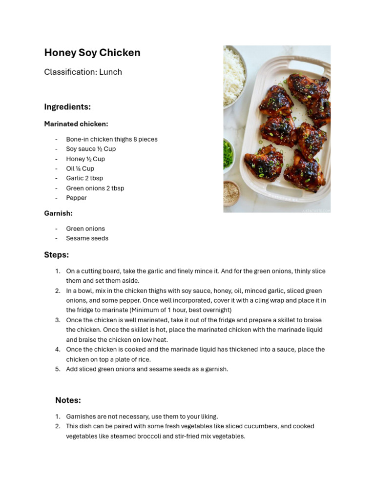 Honey Soy Chicken Recipe Card | PDF