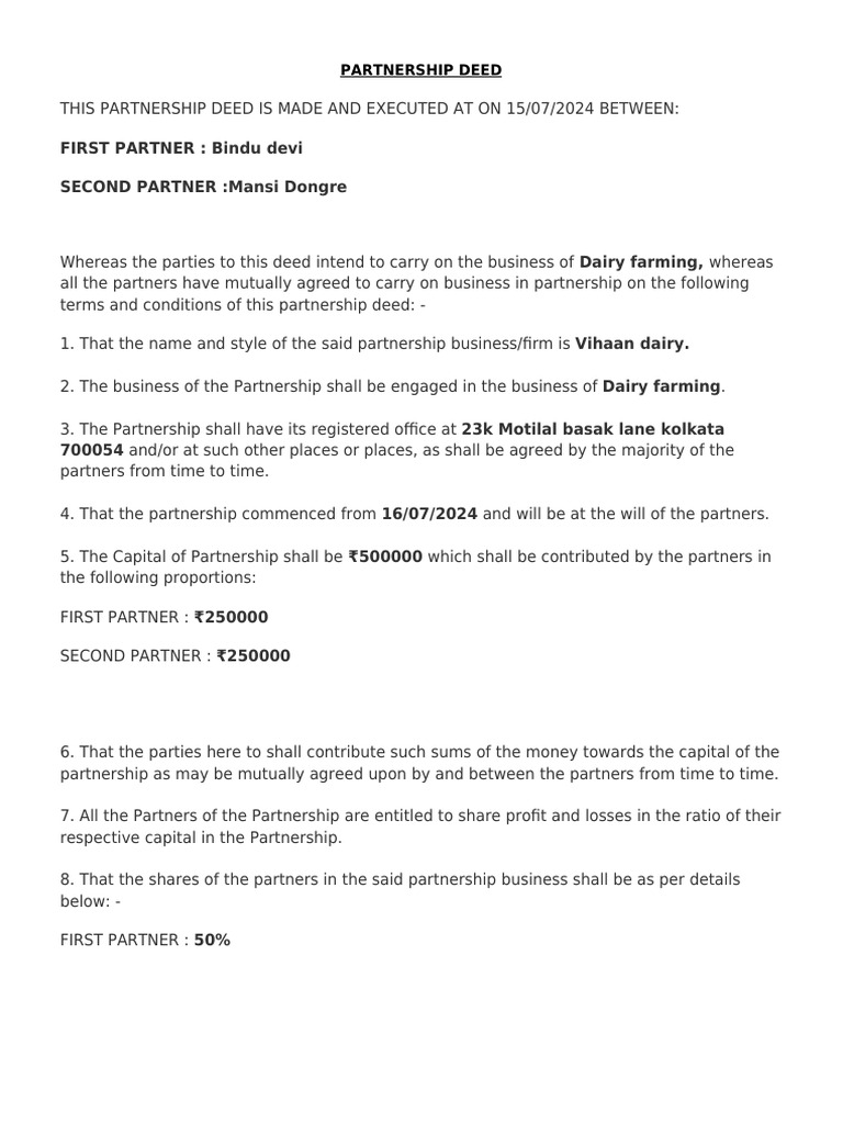 Partnership-Deed 35320 750 | PDF | Partnership | Credit