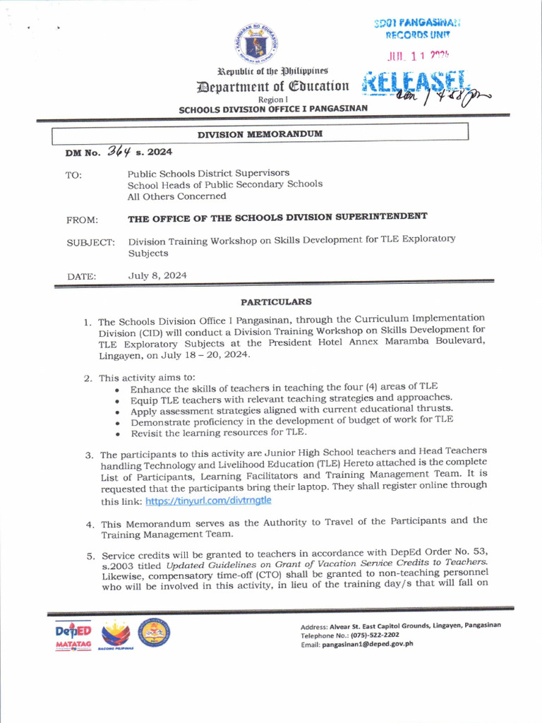 DM364s2024-Division Training Workshop On Skills Development For TLE Exploratory Subjects | PDF