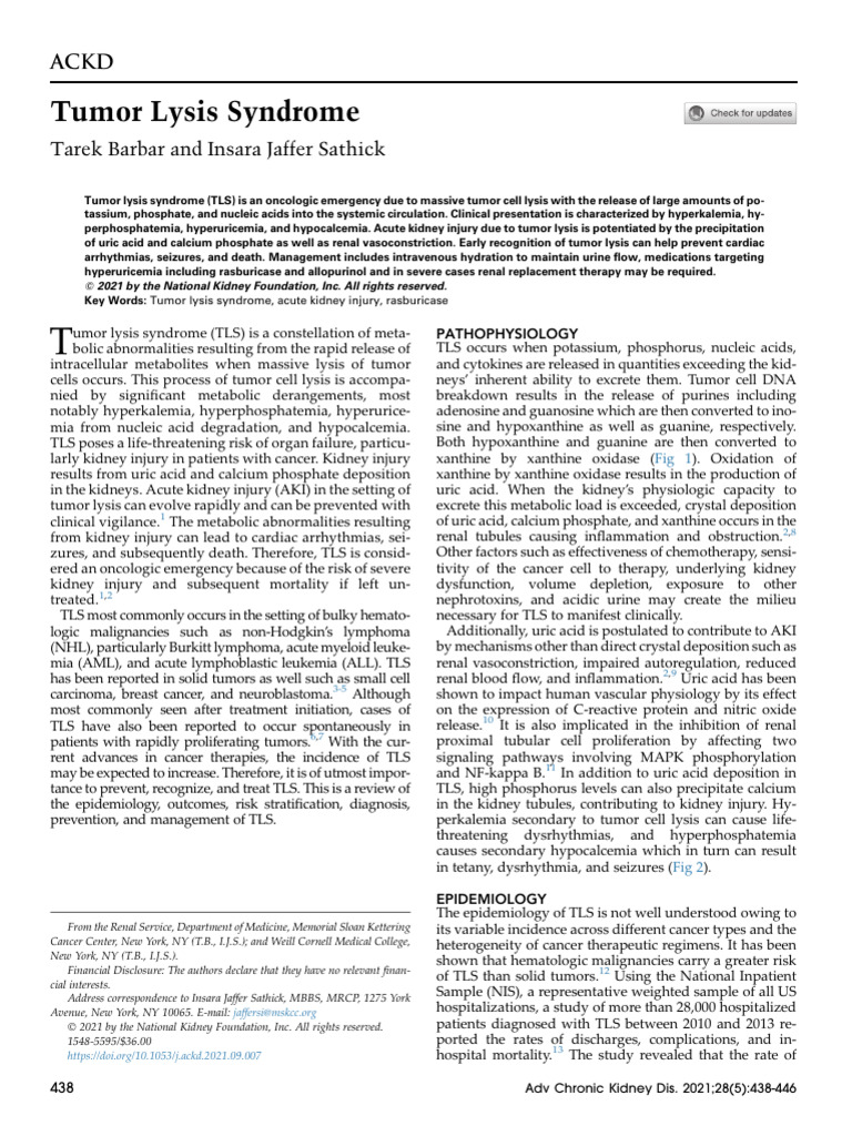 Sindrome de lisis tumoral articulo | PDF | Diseases And Disorders | Clinical Medicine