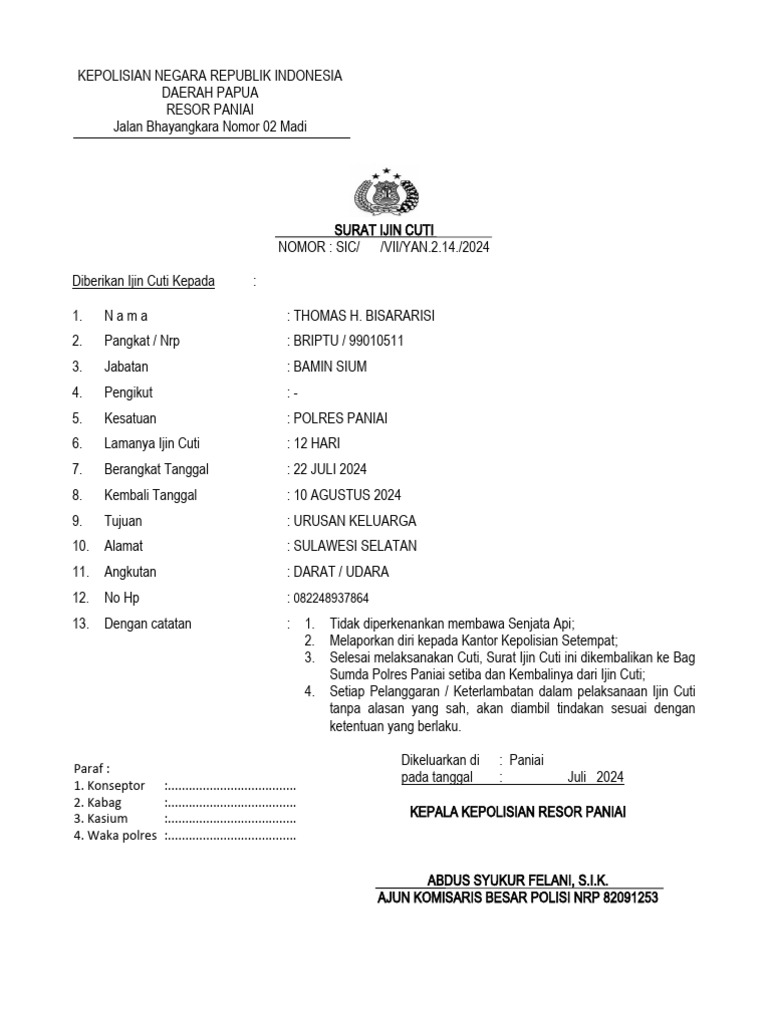 Surat Ijin Cuti | PDF