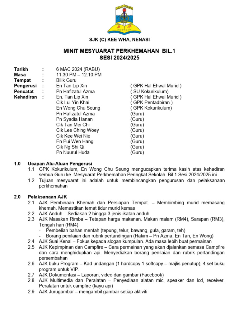 Minit Mesyuarat Koko Kali 1 Perkhemahan (2024) | PDF