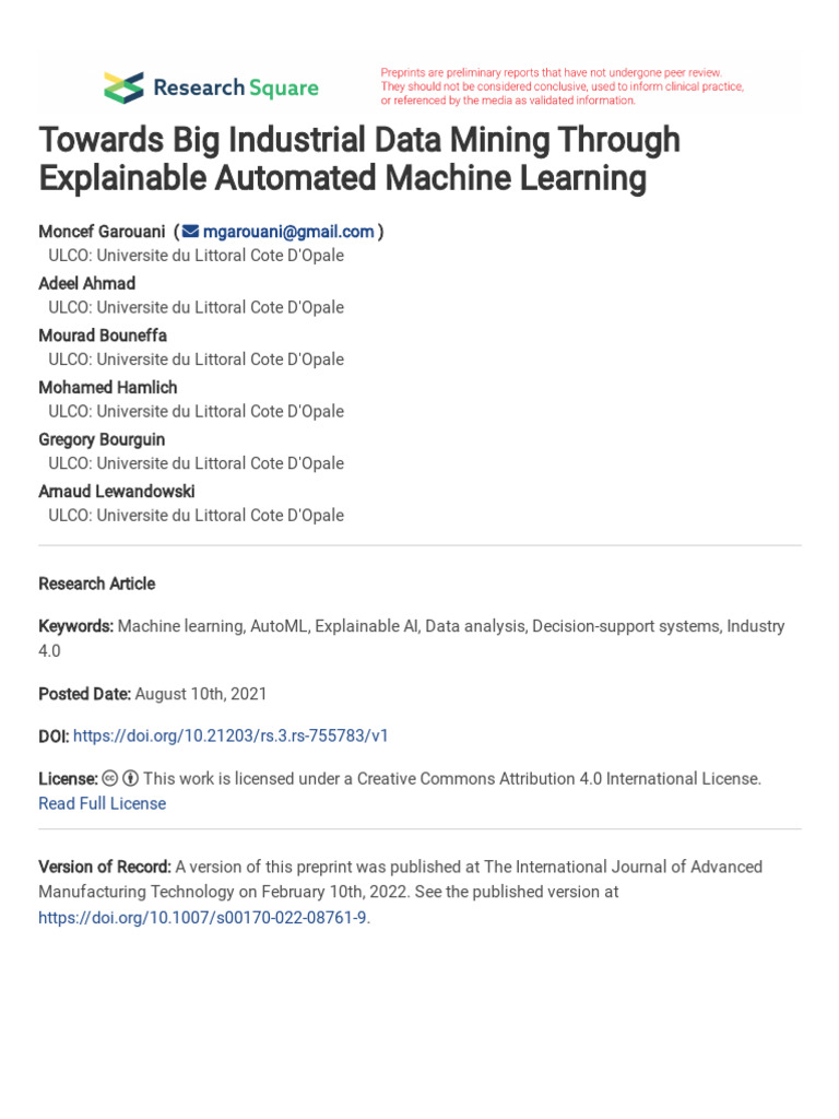 Towards Big Industrial Data Mining Through Explainable Automated Machine Learning | PDF ...