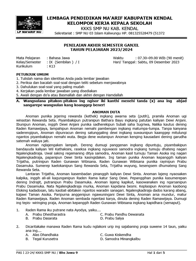 Soal Sas B Jawa KLS 9 | PDF