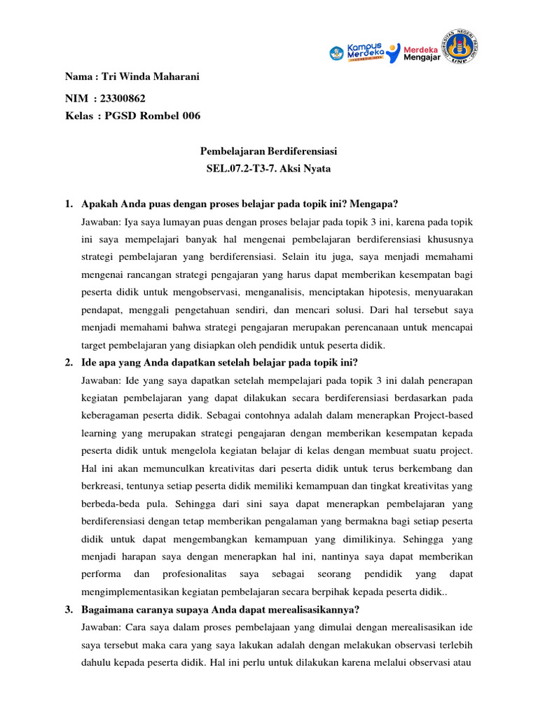 T3-7. Aksi Nyata. Pembelajaran Berdiferensiasi Winda | PDF