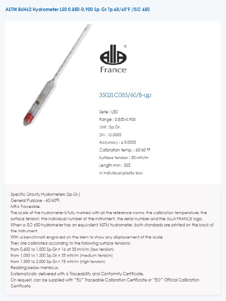 ASTM Hydrometer - ISO650 - 0.850-0.900 SPGR | PDF