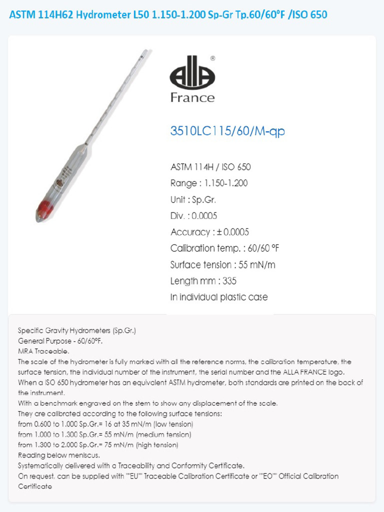 ASTM Hydrometer - ISO650 - 1.150-1.200 SPGR | PDF