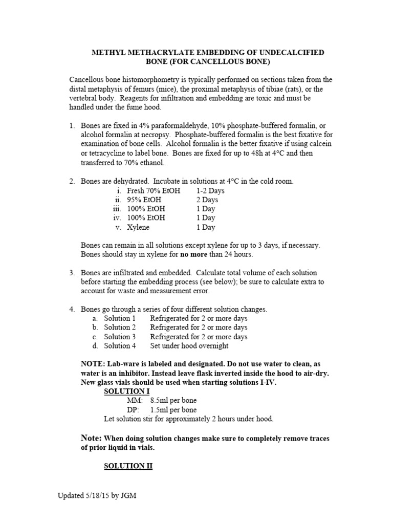 Cancellous Embedding Protocol (MMA) | PDF | Ethanol | Fixation (Histology)