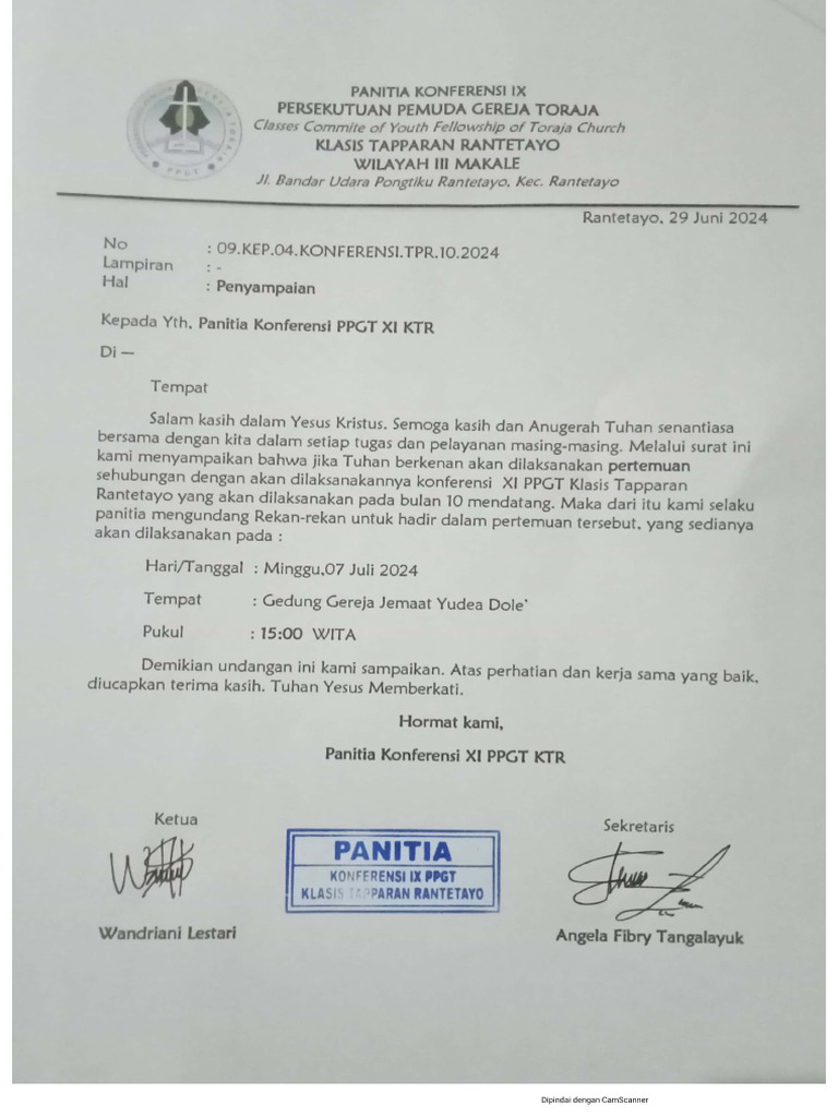 Surat Penyampaian Rapat Konferensi PPGT 2024 | PDF