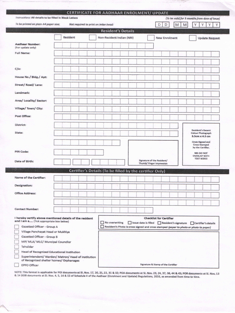 Aadhaar Correction Form | PDF