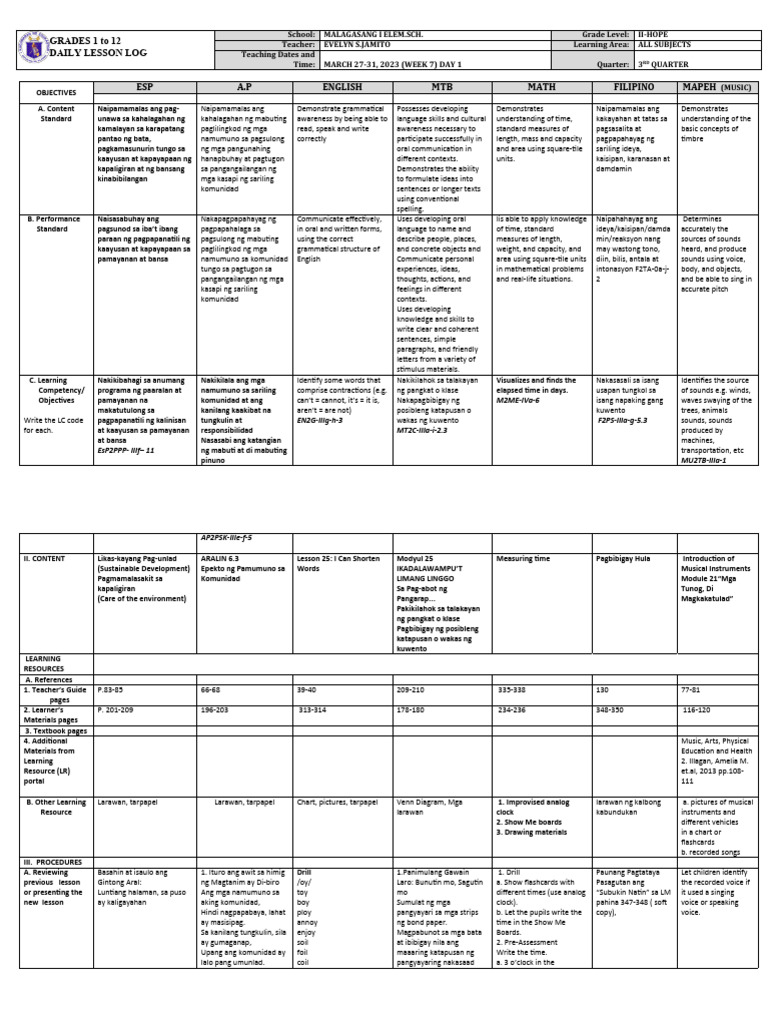 Q3 W7 D1 DLL - All Subjects 2 | PDF