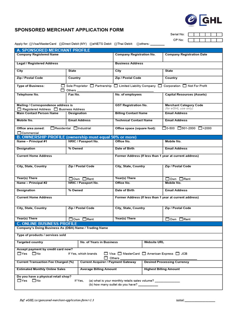eGHL SA Sponsored Merchant Application Form v1.3 | PDF | Credit Card ...