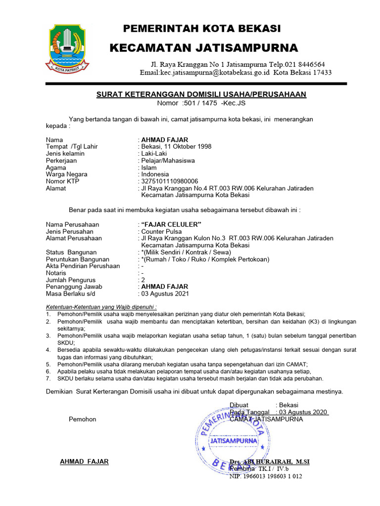 Surat Keterangan Domisili Usaha Bekasi | PDF