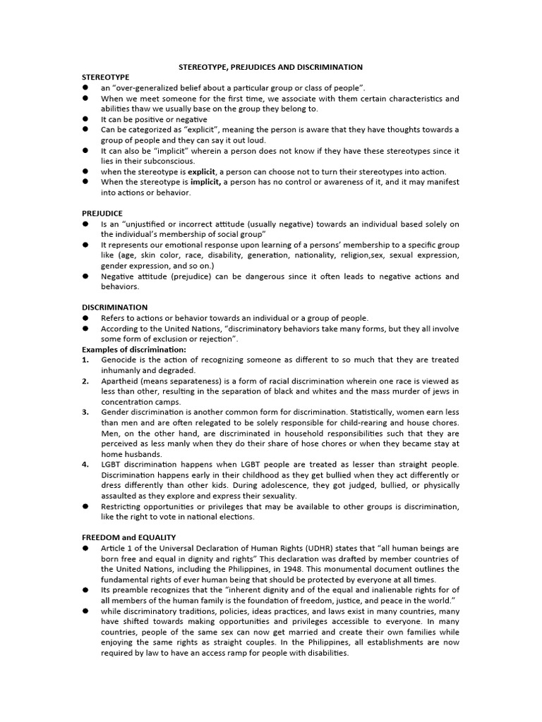 Stereotype Prejudices and Discrimination | PDF | Discrimination ...
