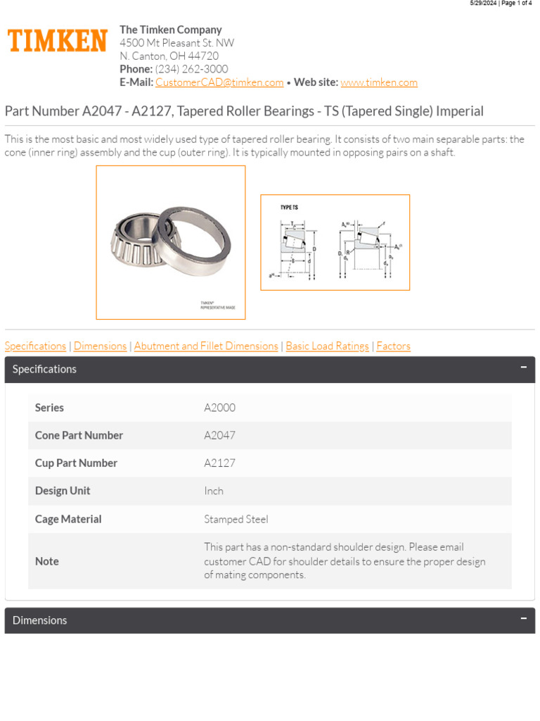 A2047 A2127 TaperedRollerBearings TS (TaperedSingle) Imperial | PDF ...