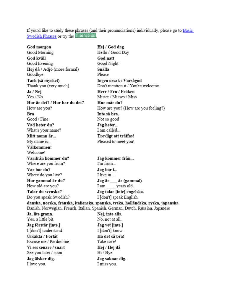 Swedish Phrases 1 | PDF | Word | Grammatical Conjugation