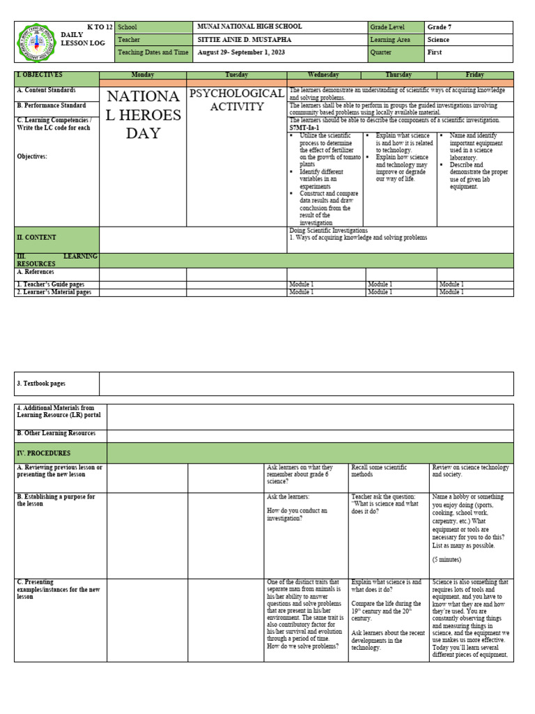 Grade 7 Science Daily Lesson Log | PDF | Reproduction | Learning