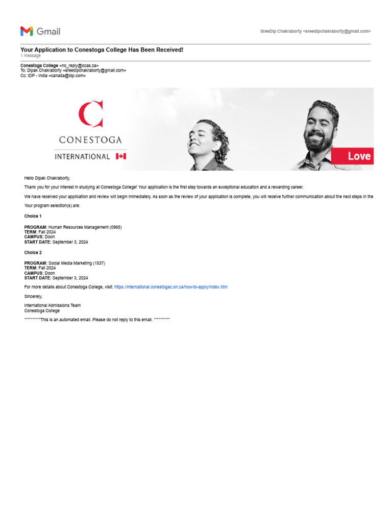Gmail - Your Application To Conestoga College Has Been Received! | PDF