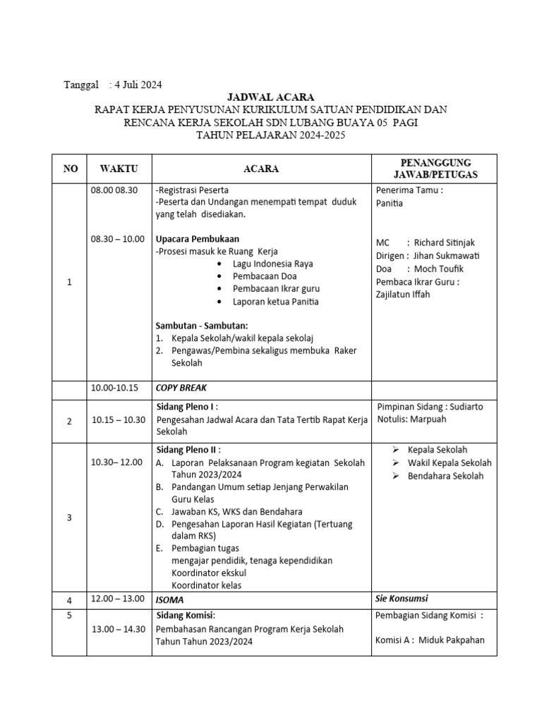 Jadwal Kegiatan Raker - SDN Lubang Buaya 05 Pagi | PDF