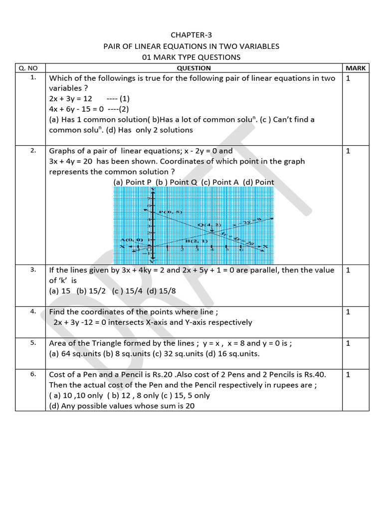Linear Equations: 1-Mark Questions | PDF | Equations | System Of Linear ...