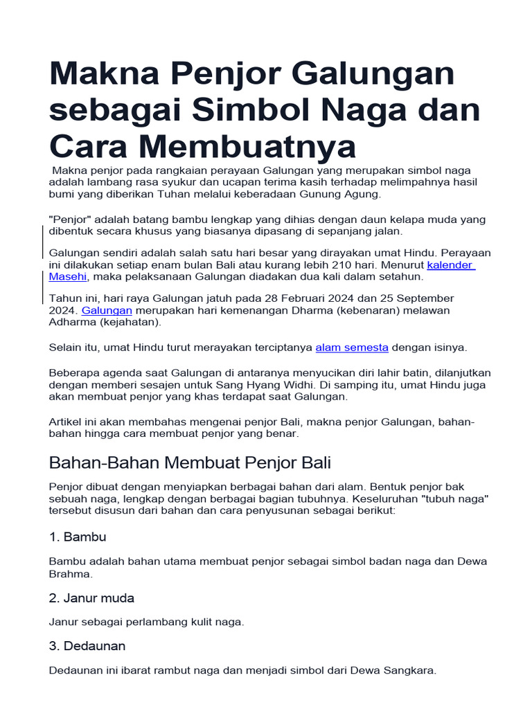 Makna Penjor Galungan sebagai Simbol Naga dan Cara Membuatnya | PDF