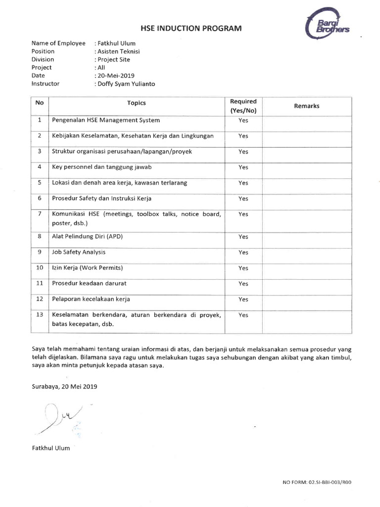 HSE Induction Form - Ulum | PDF