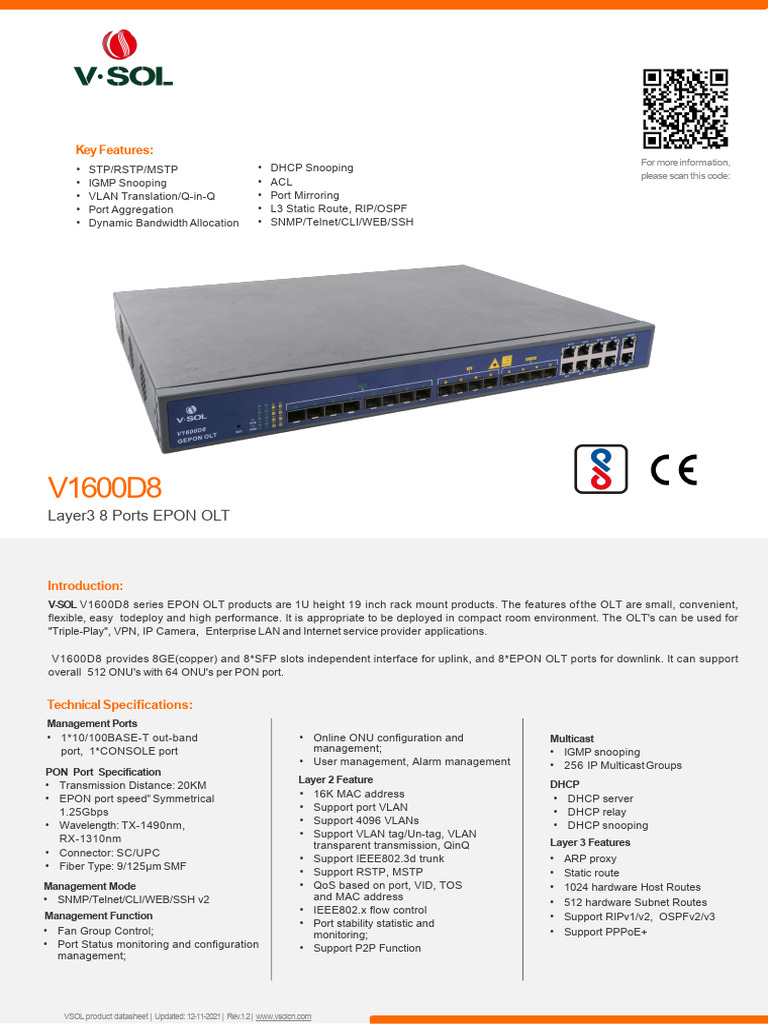 V1600D8 8-Port EPON OLT Datasheet | PDF | I Pv6 | Ip Address