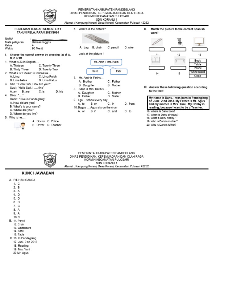 Soal PTS B. Inggris Kelas 4 Oke | PDF