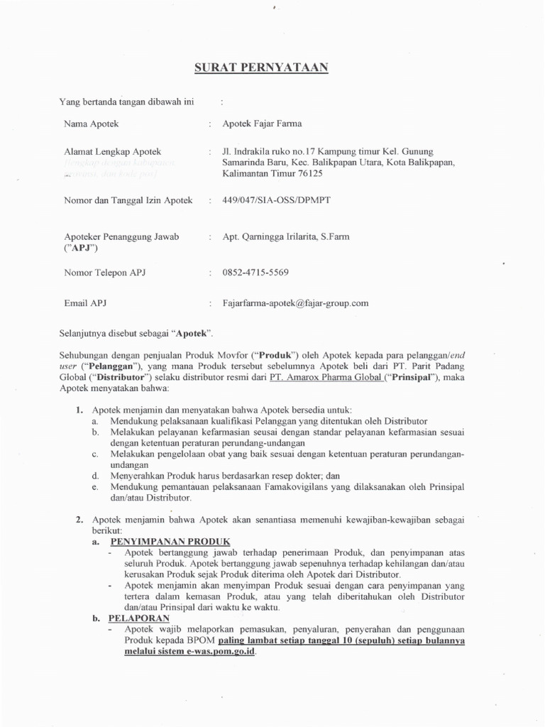 Surat Pernyataan Fajar Farma BPP | PDF