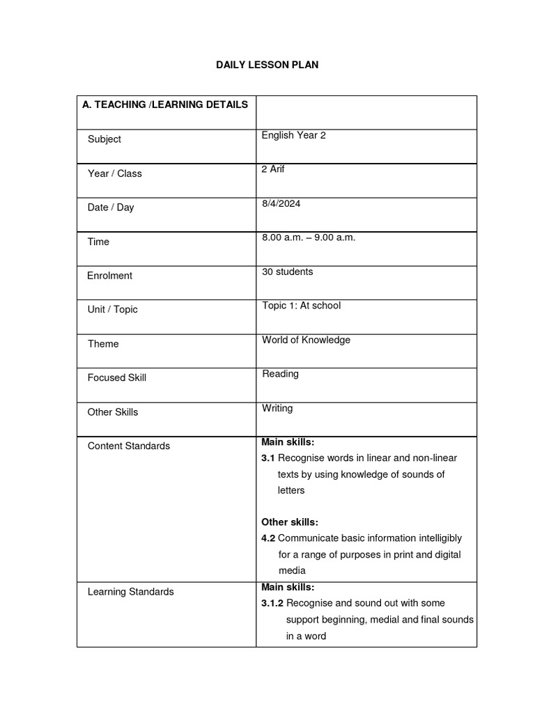 Complete Sample Lesson Plan Year 2 | PDF | Reading Comprehension ...
