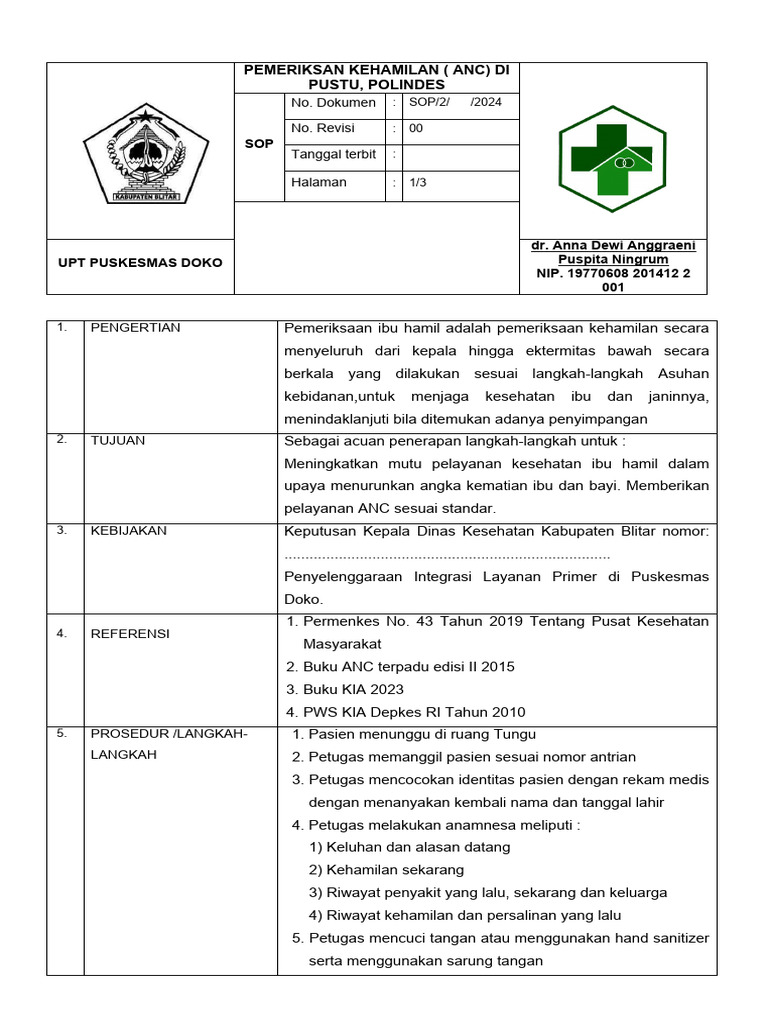SOP KLASTER 2 ALUR PEMERIKSAN KEHAMILAN (ANC) DI PUSTU J Polindes | PDF