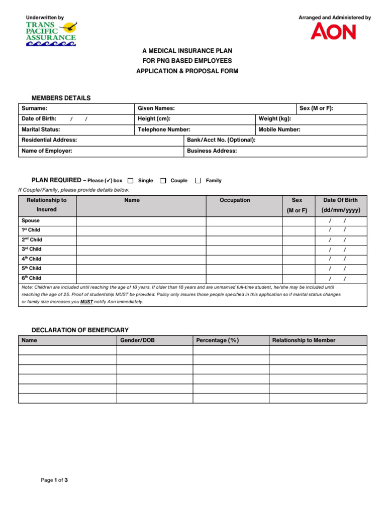 AON - TPAL Healthcare Proposal Form (Writable) | PDF | Insurance ...
