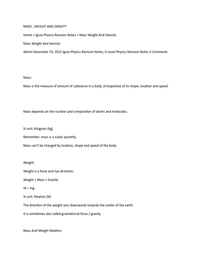 Mass, Weight and Density | PDF | Weight | Mass
