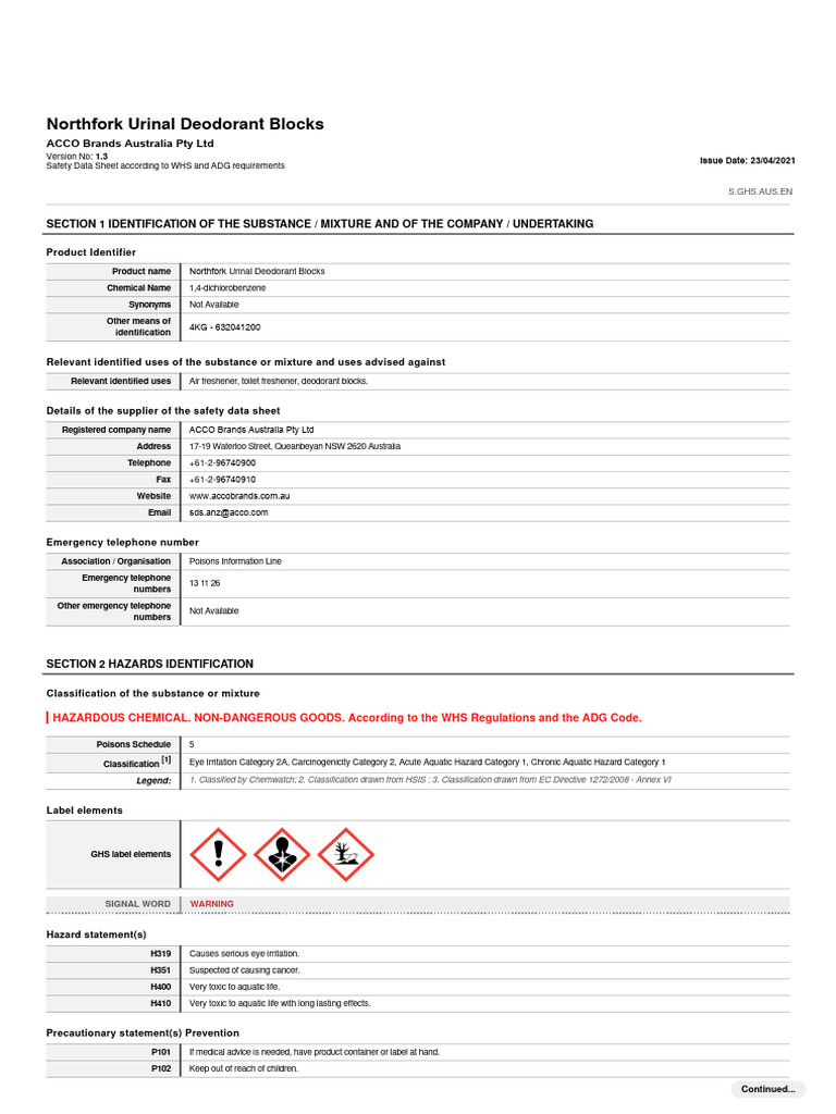 Northfork Urinal Deodorant Blocks | PDF | Fires | Toxicity
