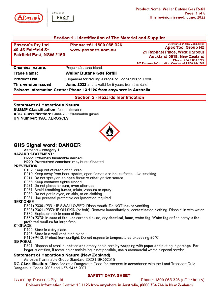 Weller Butane Gas Refill Anz June 2022 Msds | PDF | Dangerous Goods | Toxicity
