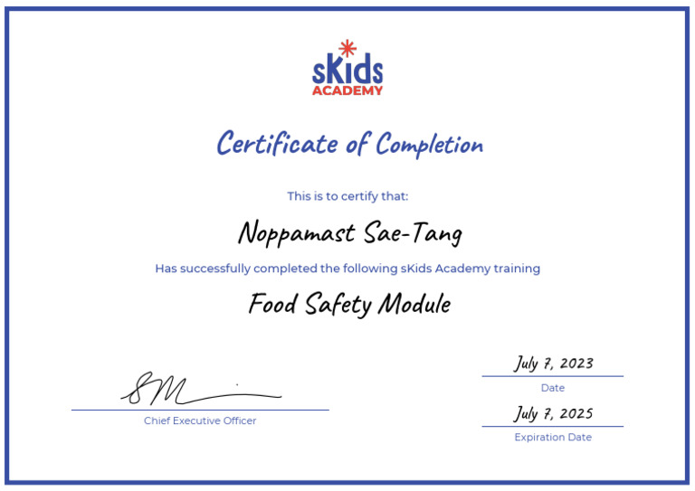 Certificate Food Safety Module Noppamast - Sae Tang | PDF