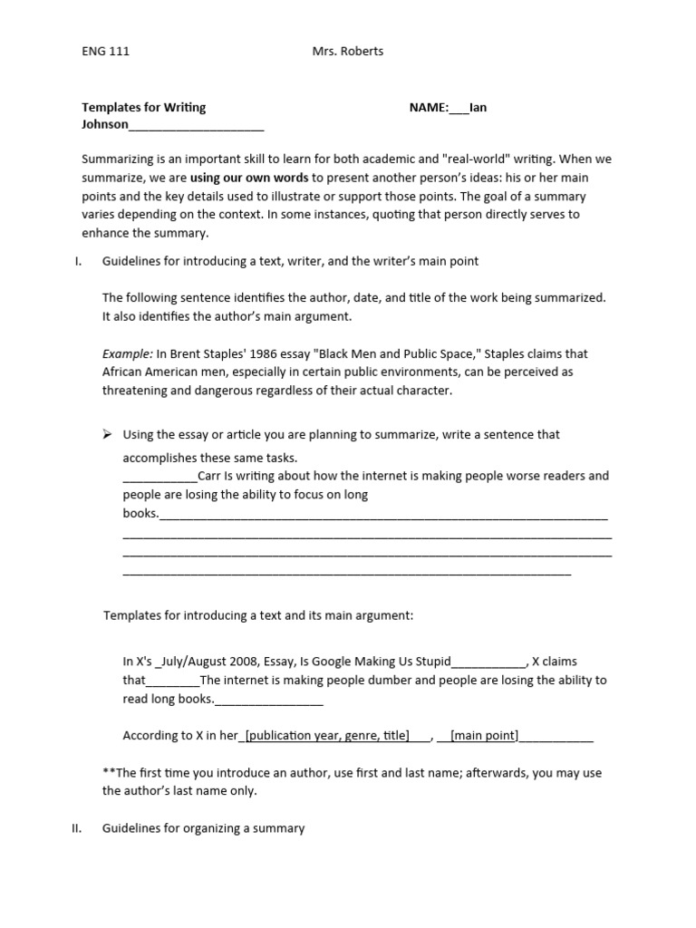 Eng 111 - Templates For Writing | PDF | Bracket | Citation